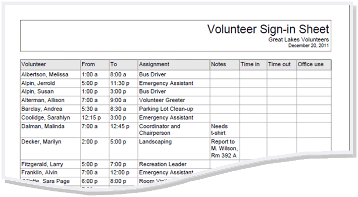 Volunteer Chart Template